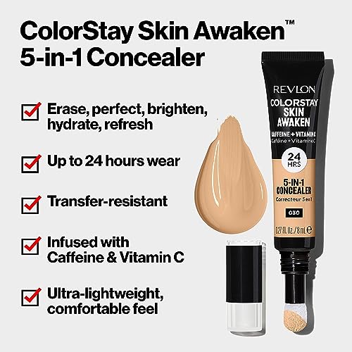 Revlon ColorStay Skin Awaken 5-in-1 Concealer, Lightweight, Creamy Longlasting Face Makeup with Caffeine & Vitamin C, For Imperfections, Dark Circles & Redness, 005 Fair, 0.27 fl oz