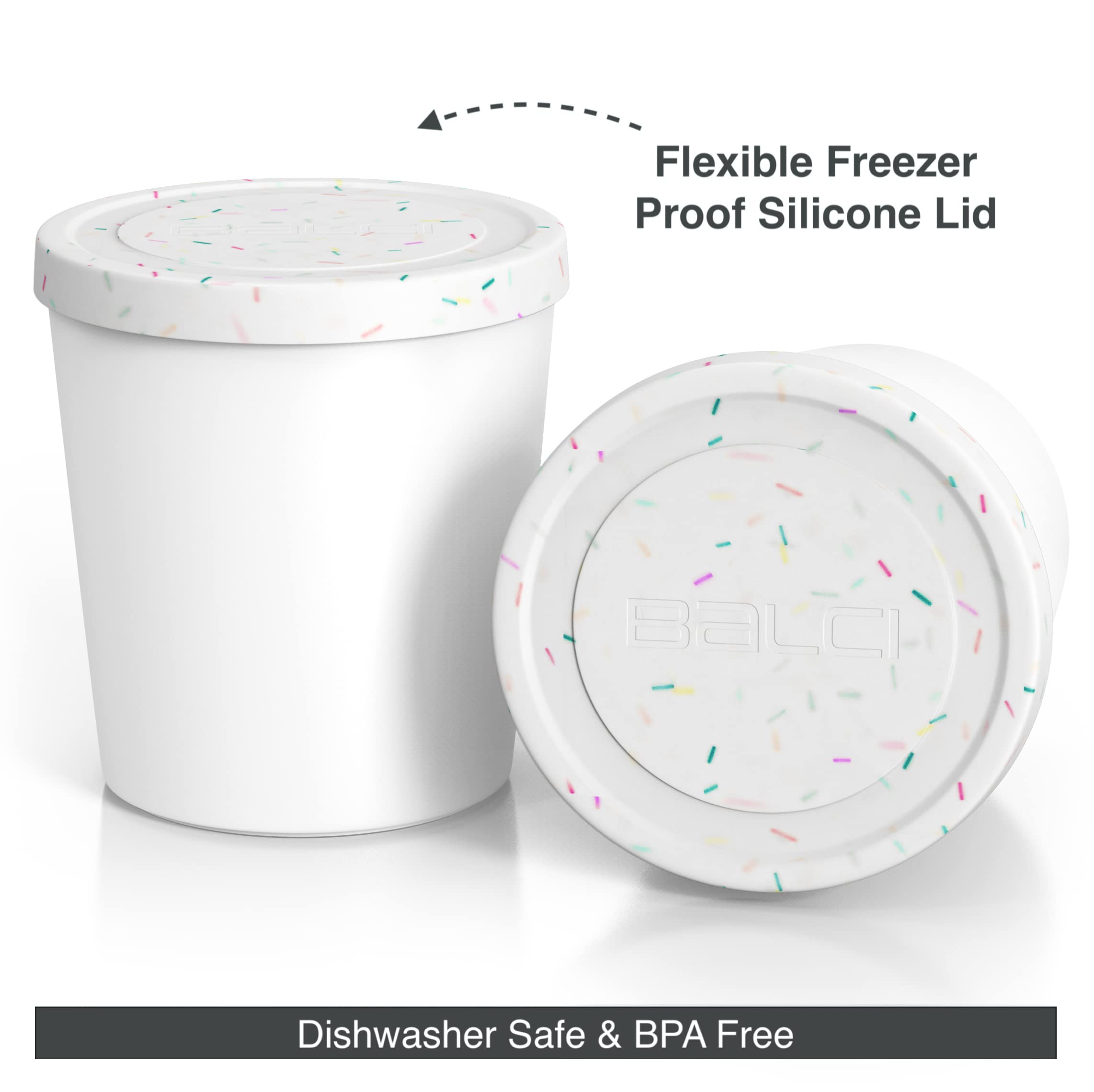 BALCI - Premium Ice Cream Containers (2 Pack - 1 Quart Each) Perfect Freezer Storage Tubs with Lids for Ice Cream, Sorbet and Gelato! - White With Sprinkles