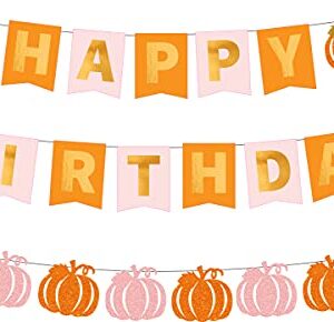 Pumpkin Happy Birthday Banner Party, Pumpkin Patch Pink and Orange Garland for Girls or Kids, Little Pumpkin Theme Decorations Baby Thanksgiving Fall Party, Autumn Halloween Party Supplies Decoration