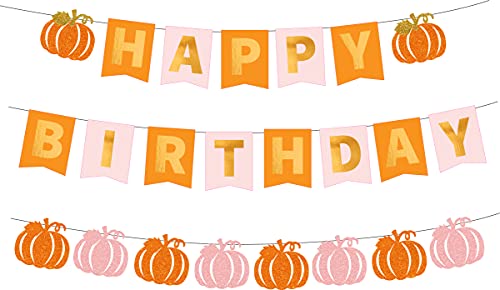 Pumpkin Happy Birthday Banner Party, Pumpkin Patch Pink and Orange Garland for Girls or Kids, Little Pumpkin Theme Decorations Baby Thanksgiving Fall Party, Autumn Halloween Party Supplies Decoration