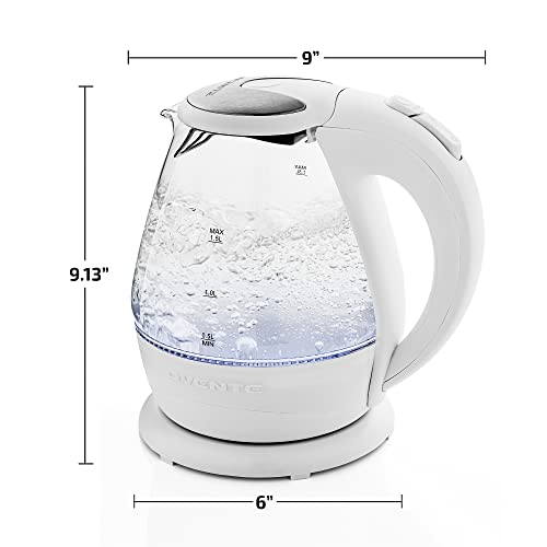 OVENTE Lighted Electric Glass Kettle 1.5 Liter with Blue LED Light and Stainless Steel Lid, Fast Heating Countertop Tea Maker Hot Water Boiler with Auto Shut-Off & Boil Dry Protection, White KG845W