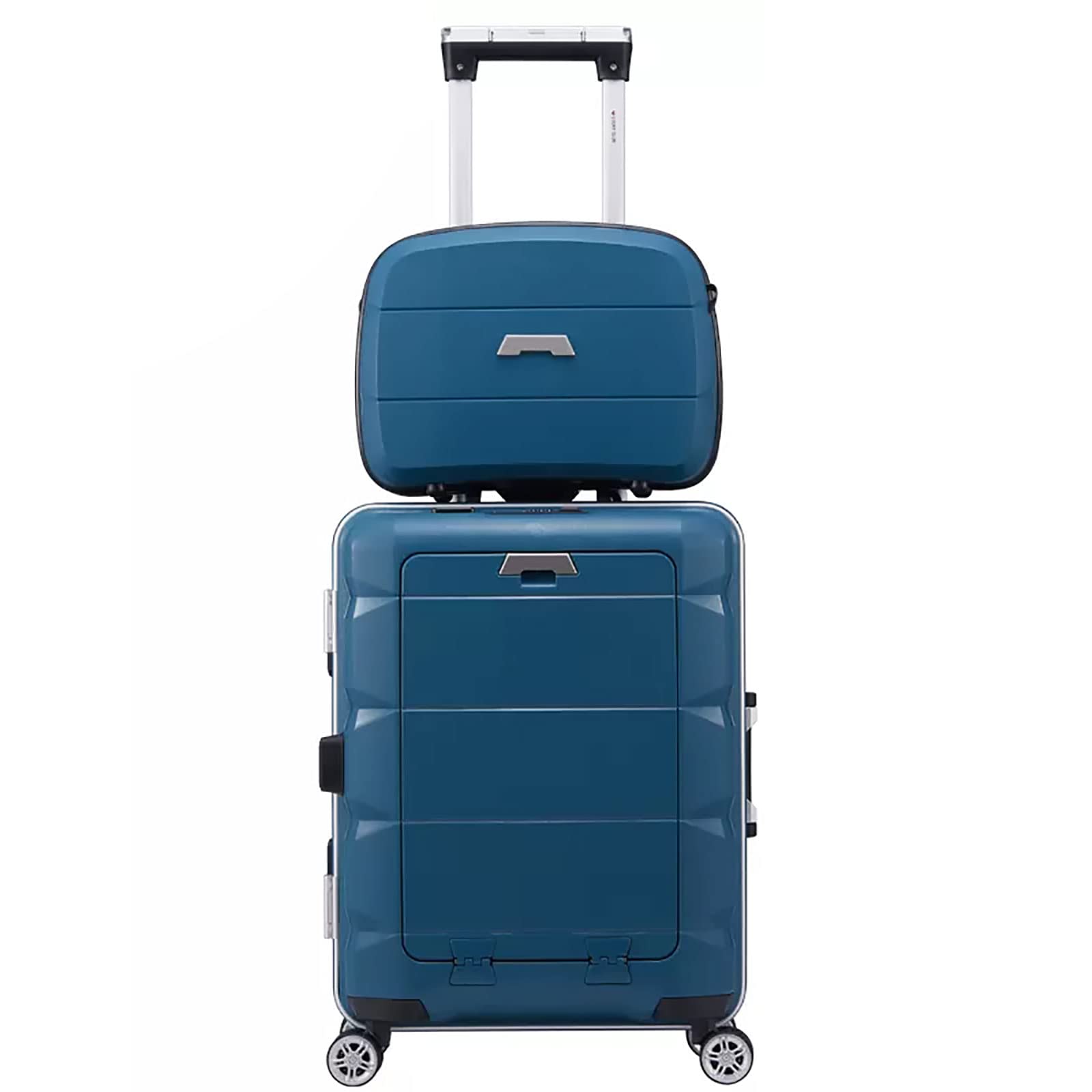 2-Piece Multifunctional USB Charging Port Luggage Set, Hardshell Suitcase with Built-in TSA Lock, Trolley Case with Front Computer Compartment (Color : Blue, Size : Aluminum frame)