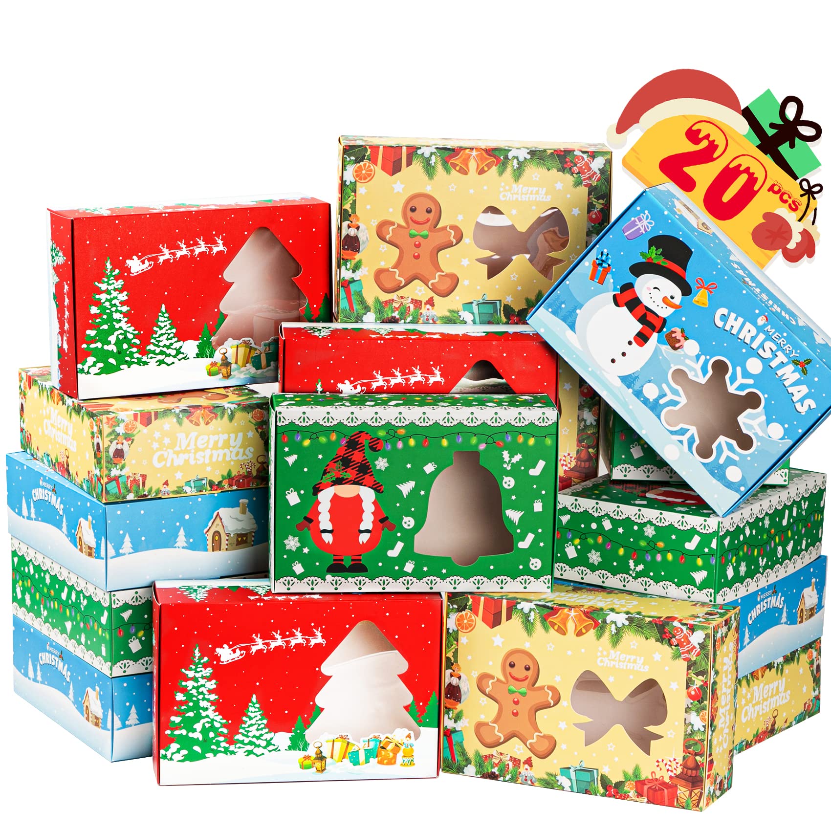 MISS FANTASY Christmas Cookie Gift Boxes - Frosted Holiday Containers with Window for Cookie Exchange, Candy Treats - 20 Pack