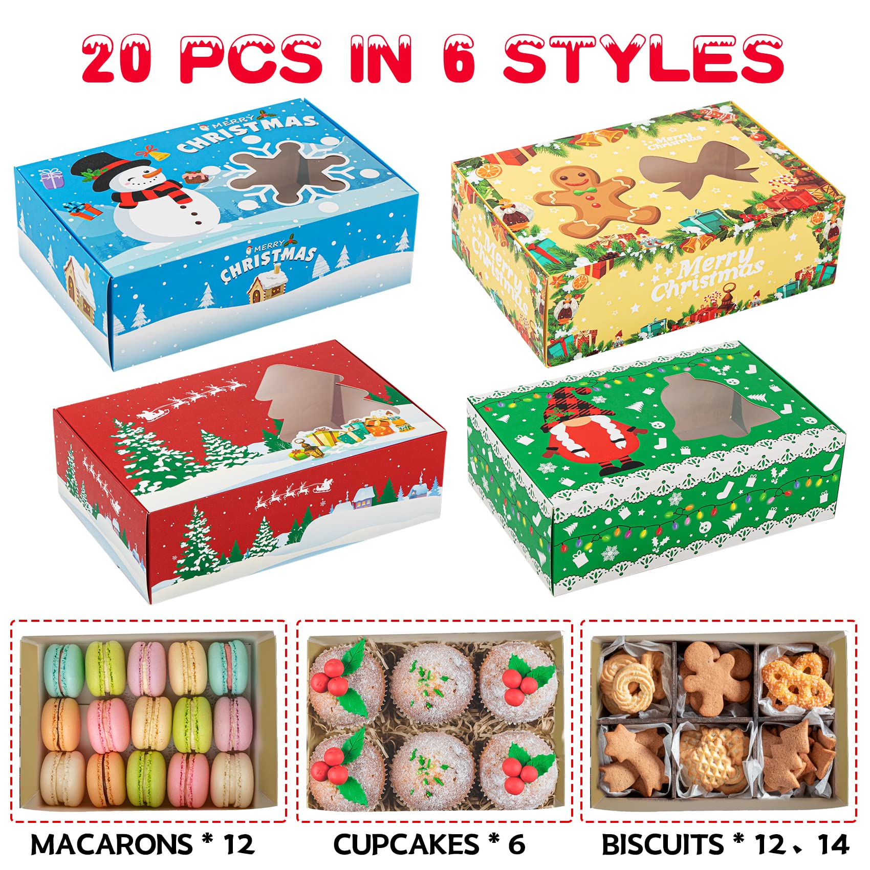 MISS FANTASY Christmas Cookie Gift Boxes - Frosted Holiday Containers with Window for Cookie Exchange, Candy Treats - 20 Pack