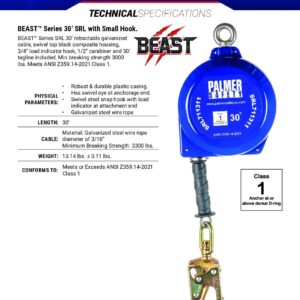 Palmer Safety SRD 30 FT. Self Retracting Lifeline I ANSI Z359.14-2021 Class 1 I SRL Device Swivel Top Galvanized Cable w/Small Steel Snap Hook I Fall Arrest Safety Yoyo