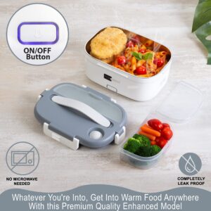 FORABEST Electric Lunch Box Food Heater Upgraded 60W Leakproof 2-in-1 Portable Food Warmer Lunch Box for Car & Home with Power on Button, Removable Container, Large Fork, Spoon