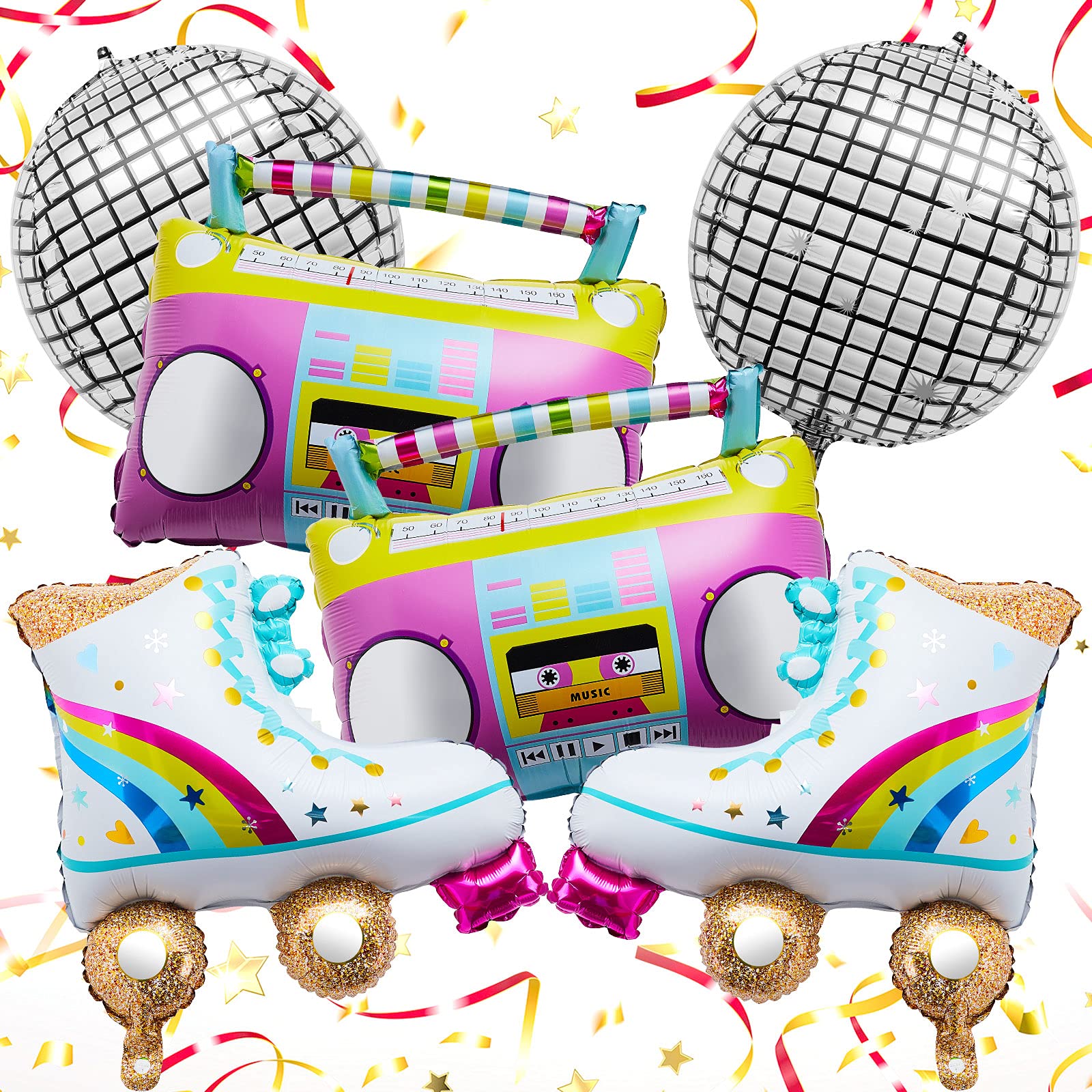 6 Pieces Roller Skate Balloon Boom Box 80s 90s 22 Inch Disco Foil Balloons 80s 90s Rainbow Retro Party Balloon for Party Decorations Wedding Anniversary Hip Hop Theme Party Supplies (Ball Style)