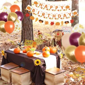 Pumpkin Birthday Decorations Supplies Fall Themed Happy Birthday Banner Fall Leaves Garland Pumpkin Cake Topper and Balloons for Autumn Fall Thanksgiving Birthday Party Favors Photo Props Backdrop