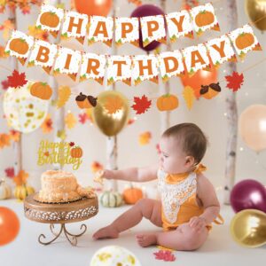 Pumpkin Birthday Decorations Supplies Fall Themed Happy Birthday Banner Fall Leaves Garland Pumpkin Cake Topper and Balloons for Autumn Fall Thanksgiving Birthday Party Favors Photo Props Backdrop