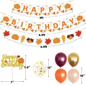 Pumpkin Birthday Decorations Supplies Fall Themed Happy Birthday Banner Fall Leaves Garland Pumpkin Cake Topper and Balloons for Autumn Fall Thanksgiving Birthday Party Favors Photo Props Backdrop