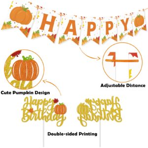 Pumpkin Birthday Decorations Supplies Fall Themed Happy Birthday Banner Fall Leaves Garland Pumpkin Cake Topper and Balloons for Autumn Fall Thanksgiving Birthday Party Favors Photo Props Backdrop