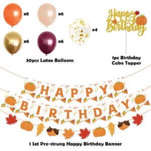 Pumpkin Birthday Decorations Supplies Fall Themed Happy Birthday Banner Fall Leaves Garland Pumpkin Cake Topper and Balloons for Autumn Fall Thanksgiving Birthday Party Favors Photo Props Backdrop