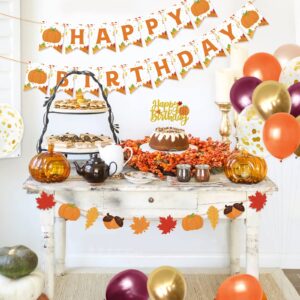 Pumpkin Birthday Decorations Supplies Fall Themed Happy Birthday Banner Fall Leaves Garland Pumpkin Cake Topper and Balloons for Autumn Fall Thanksgiving Birthday Party Favors Photo Props Backdrop