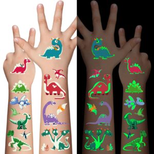 dinosaur glow temporary tattoos for kids,dinosaur theme luminous tattoos stickers,glow in the dark tattoos for boys and girls,face makeup fake tattoos,holiday party supplies gifts for children