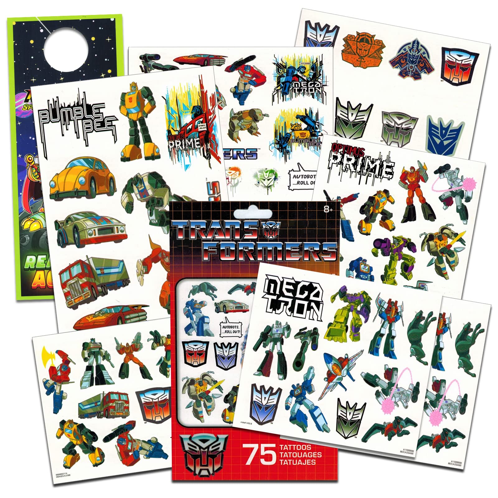 Transformers Temporary Tattoos Party Pack Bundle - 75 Transformers Tattoos for Kids Plus Rex-Man Door Hanger (Transformers Party Favors)