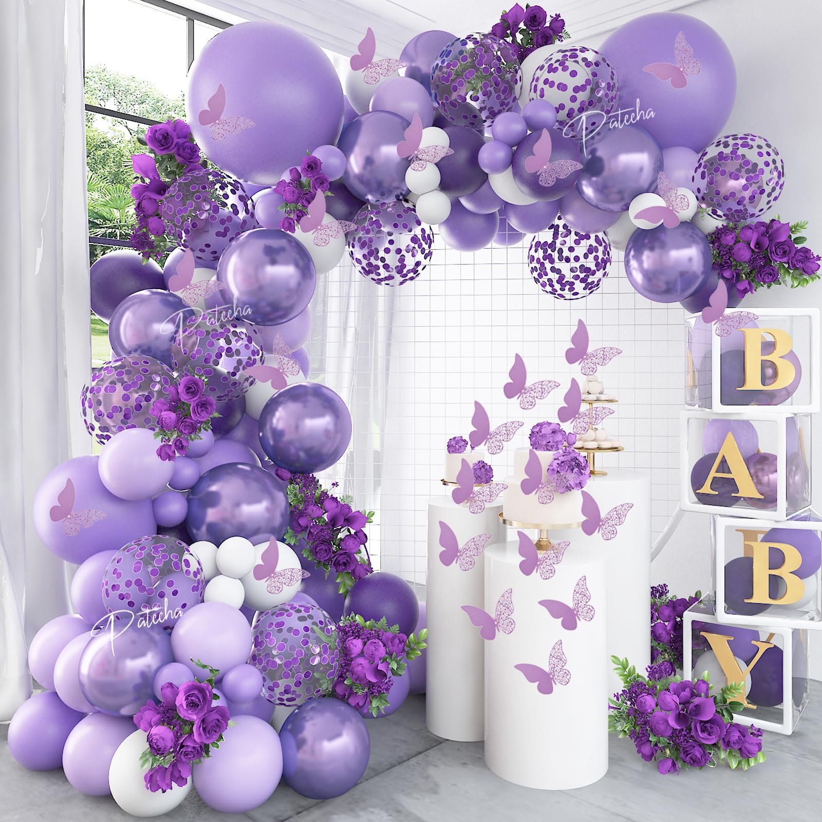 Pateeha Purple Balloon Arch Kit 145 Pcs Butterfly Baby Shower Decorations for Girl White Lavender Balloons Garland Metallic Purple Confetti Balloons for Birthday Party Decorations