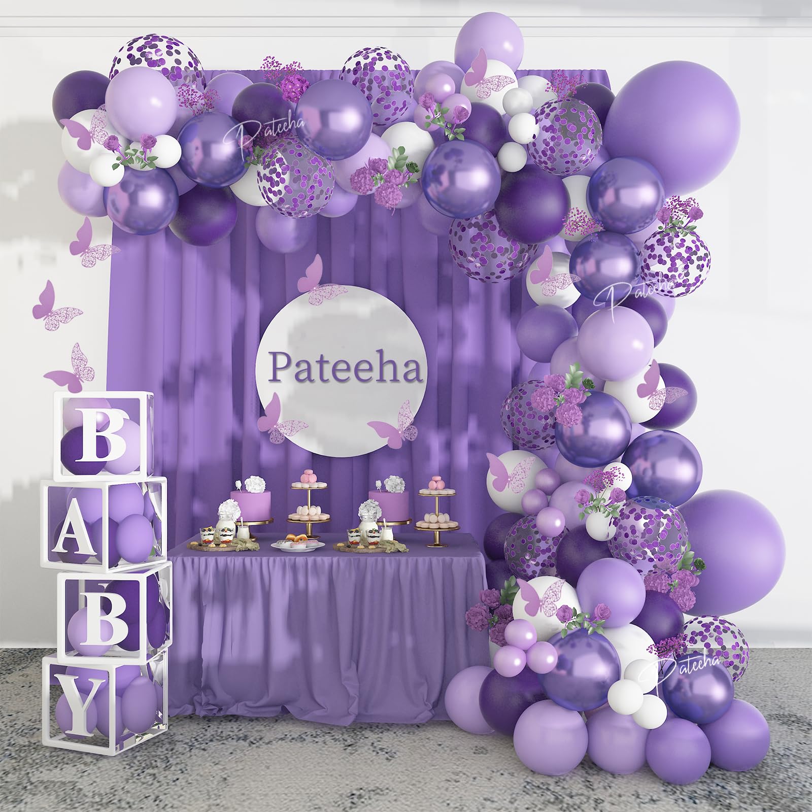 Pateeha Purple Balloon Arch Kit 145 Pcs Butterfly Baby Shower Decorations for Girl White Lavender Balloons Garland Metallic Purple Confetti Balloons for Birthday Party Decorations