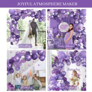 Pateeha Purple Balloon Arch Kit 145 Pcs Butterfly Baby Shower Decorations for Girl White Lavender Balloons Garland Metallic Purple Confetti Balloons for Birthday Party Decorations