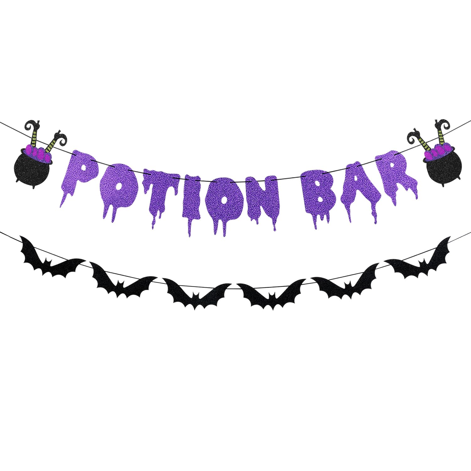 Purple Glitter Potion Bar Banner and Black Glitter Bat Banner- Halloween Party Decorations,Halloween Party Banner for Haunted House,Bat Decorations,Halloween Mantle Home Decor