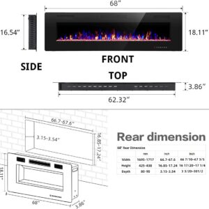 R.W.FLAME 68 inch Recessed and Wall Mounted Electric Fireplace, Ultra Thin and Low Noise,Fit for 2 x 6 Stud, Remote Control with Timer,Touch Screen,Adjustable Flame Color and Speed