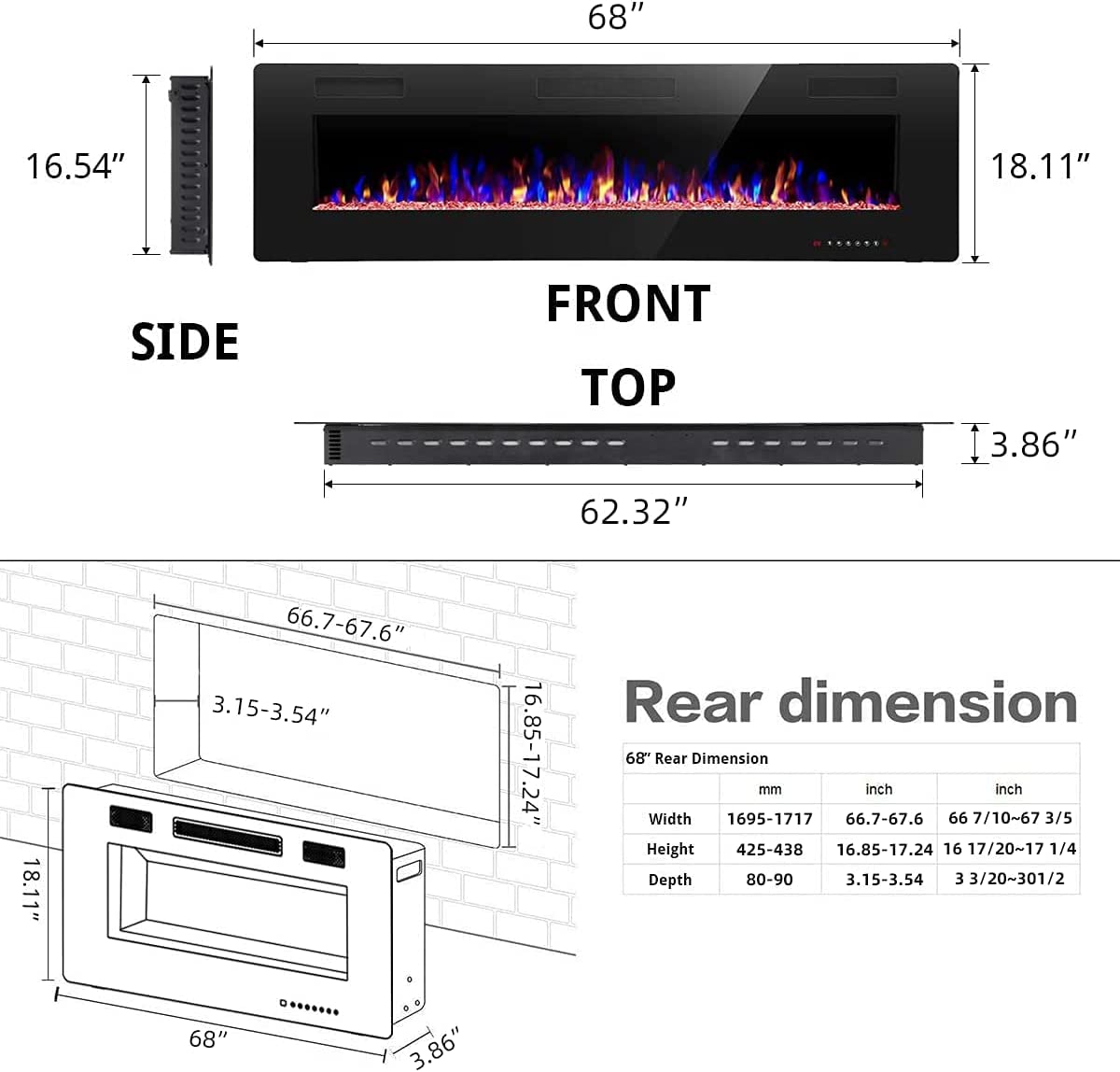 R.W.FLAME 68 inch Recessed and Wall Mounted Electric Fireplace, Ultra Thin and Low Noise,Fit for 2 x 6 Stud, Remote Control with Timer,Touch Screen,Adjustable Flame Color and Speed