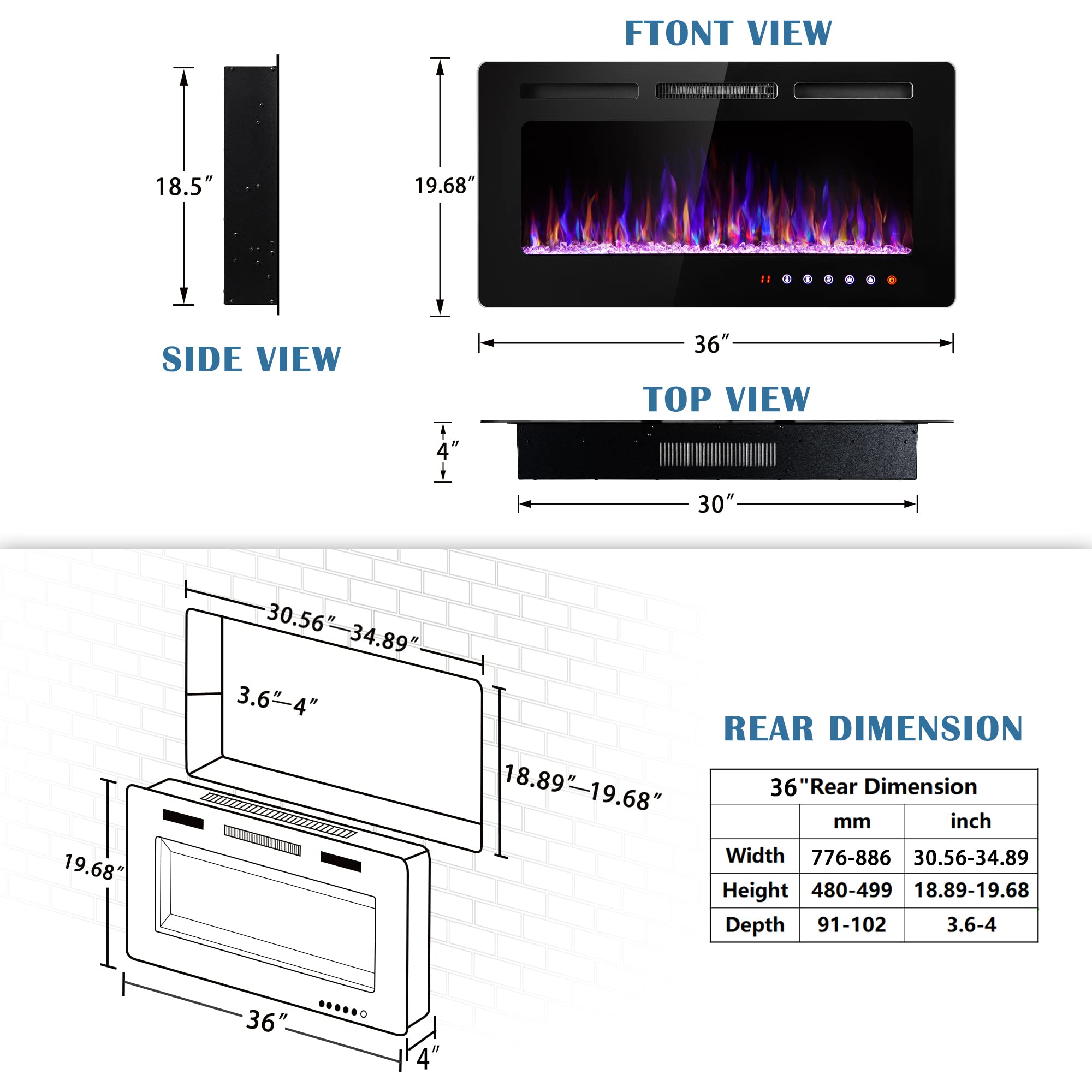 SUNNY FLAME Electric Fireplace 36 Inch Insert and Wall Mounted, Fireplace Heater, Log Set & Crystal Options, Remote Control with Timer, Adjustable Flame Color 750/1500W Heat