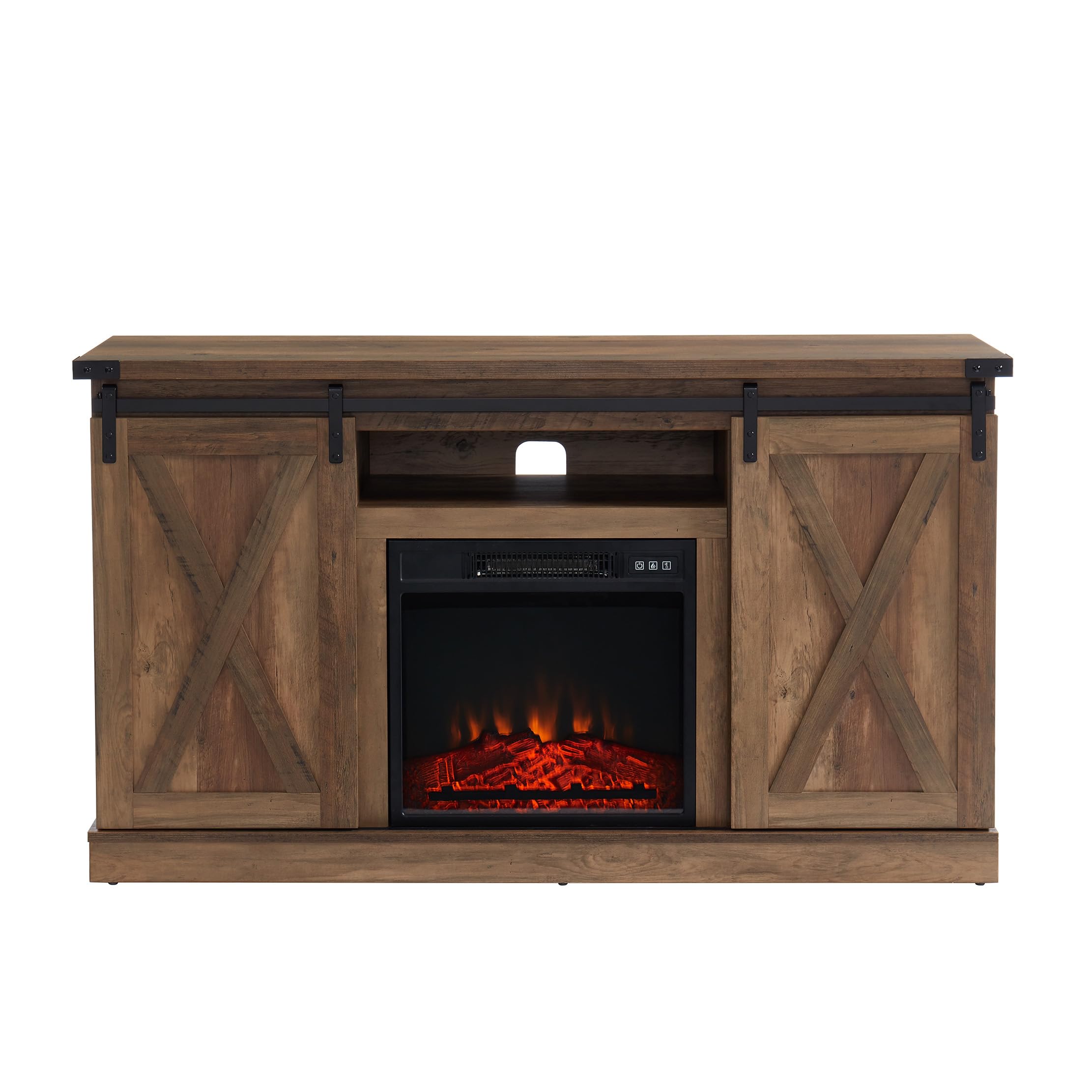 EDYO LIVING Farmhouse Electric Fireplace TV Stand for 60 Inch TV, Barn Door Entertainment Center with Fireplace and Open Storage Shelves for Living Room, Rustic Oak