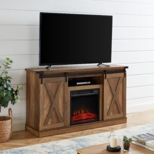 EDYO LIVING Farmhouse Electric Fireplace TV Stand for 60 Inch TV, Barn Door Entertainment Center with Fireplace and Open Storage Shelves for Living Room, Rustic Oak