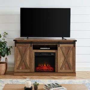 EDYO LIVING Farmhouse Electric Fireplace TV Stand for 60 Inch TV, Barn Door Entertainment Center with Fireplace and Open Storage Shelves for Living Room, Rustic Oak