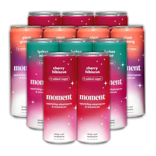 Moment Adaptogen Drink (Shark Tank) - SPARKLING Combo | Cherry Hibiscus, Lychee Mint, Plum Ginseng | L-Theanine & Ashwagandha for Calm & Clarity | 0 Added Sugar, 0 Caffeine, 0 Alcohol | 12-pack