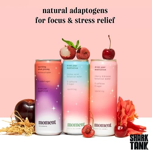 Moment Adaptogen Drink (Shark Tank) - SPARKLING Combo | Cherry Hibiscus, Lychee Mint, Plum Ginseng | L-Theanine & Ashwagandha for Calm & Clarity | 0 Added Sugar, 0 Caffeine, 0 Alcohol | 12-pack