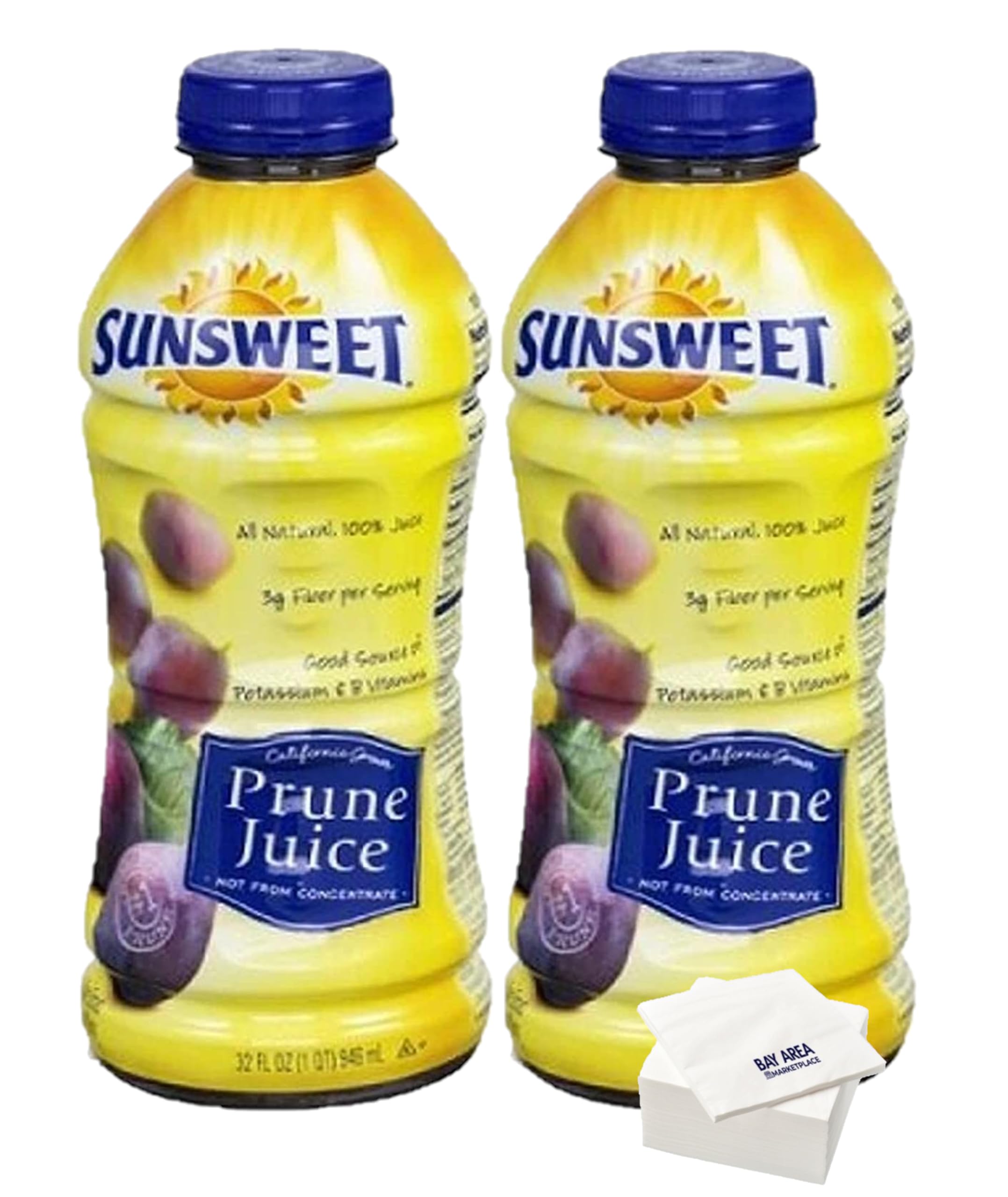 Sunsweet Prune Juice, 32 ounce (2-Pack) with Bay Area Marketplace Napkins