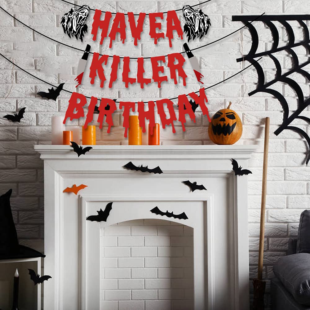 Quimoy Have a Killer Birthday Decorations, Halloween Banner Decorations, with 12 Pcs Bat Wall Sticker Décor Party,Kid Party,Haunted House Decor