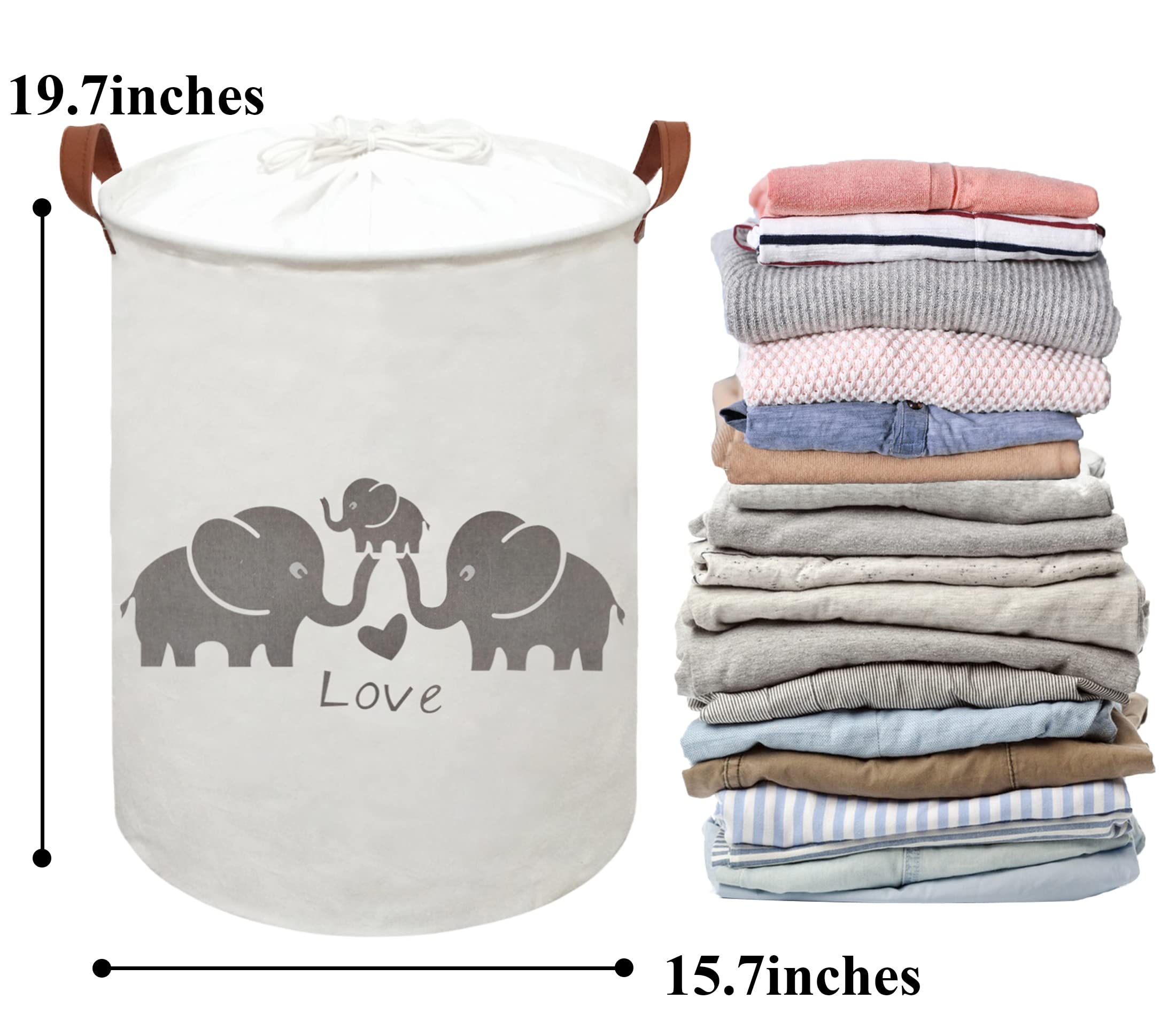 HIYAGON 19.7" x 15.7"Laundry Basket,Round Cotton Linen Storage Bin with Drawstring Cover for Bathroom/Closet/Toys Storage(Elephants)