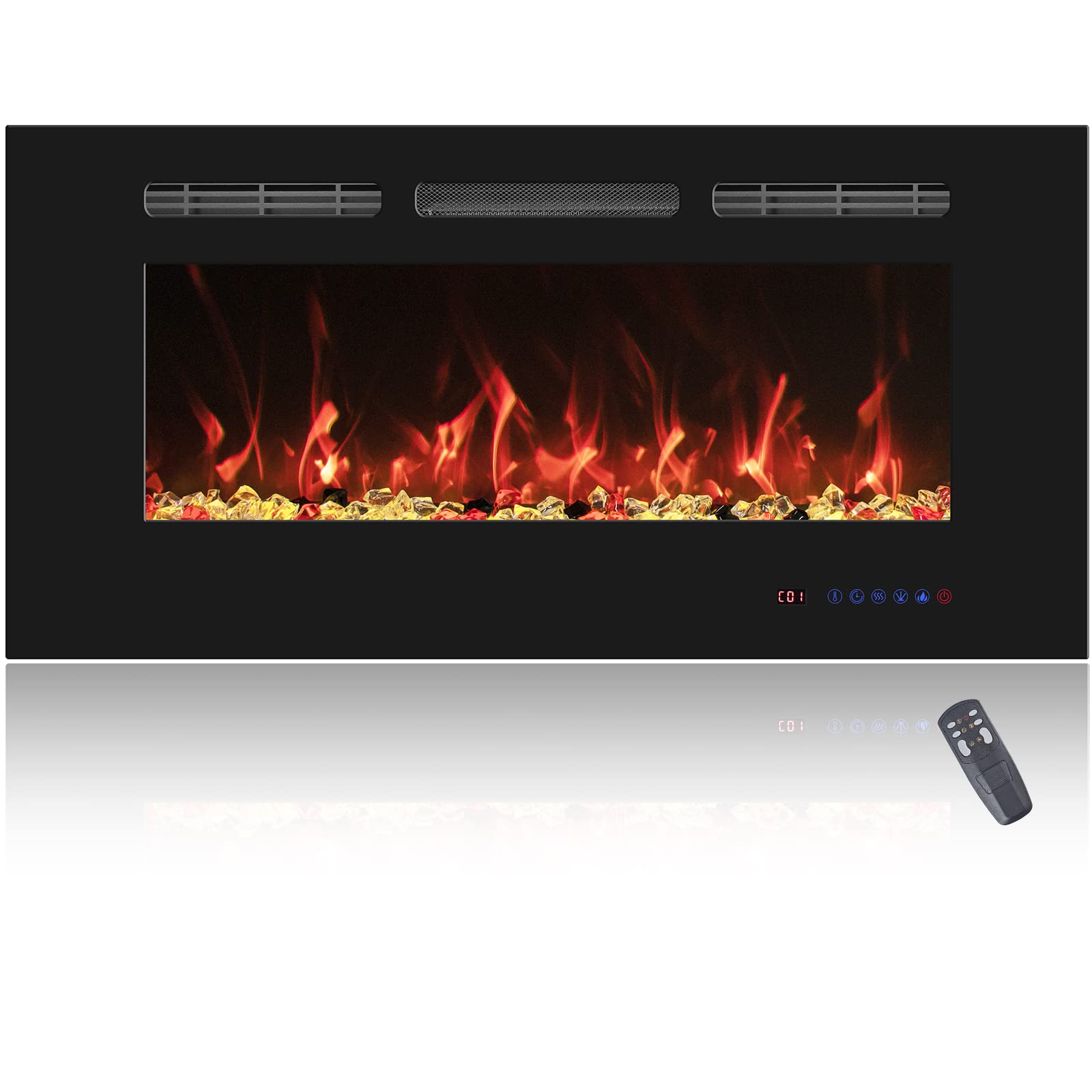 PRISMFLAME 30 inch Electric Fireplace, Wall Mounted Recessed Electric Fireplace Insert, Fireplace Heater with Timer, Remote Control, Adjustable 13 Flame Combinations, 750w/1500w