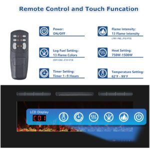 PRISMFLAME 30 inch Electric Fireplace, Wall Mounted Recessed Electric Fireplace Insert, Fireplace Heater with Timer, Remote Control, Adjustable 13 Flame Combinations, 750w/1500w