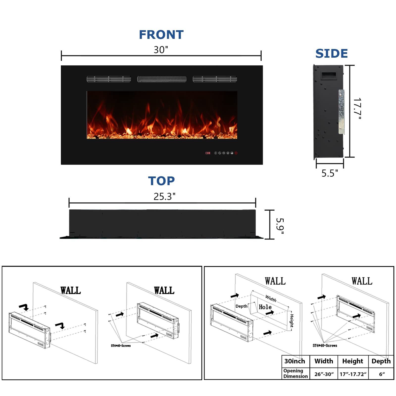 PRISMFLAME 30 inch Electric Fireplace, Wall Mounted Recessed Electric Fireplace Insert, Fireplace Heater with Timer, Remote Control, Adjustable 13 Flame Combinations, 750w/1500w