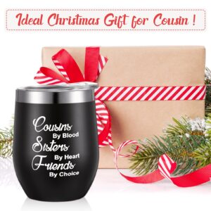 Patelai Cousin Gifts For Women Cousin Wine Tumbler Sisters by Heart Friends by Choice Coffee Mug, Christmas Mug Tumbler for Cousins, 12 oz Vacuum Insulated Wine Tumbler with Gift Box (Black)