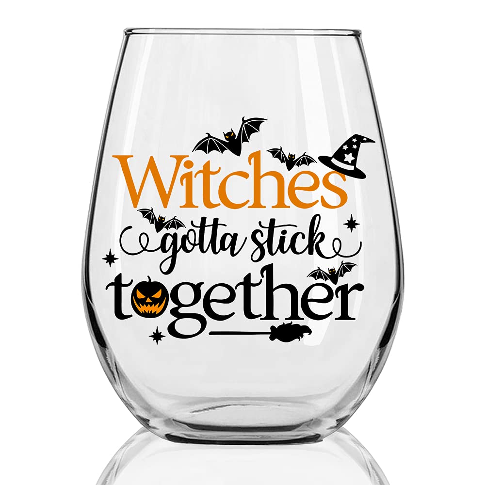 DYJYBMY Witches Gotta Stick Together Wine Glass, Halloween Wine Glass, Witch Wine Glass, Halloween Glass, Halloween Party Gift for Women, Sisters, Friends, Colleagues