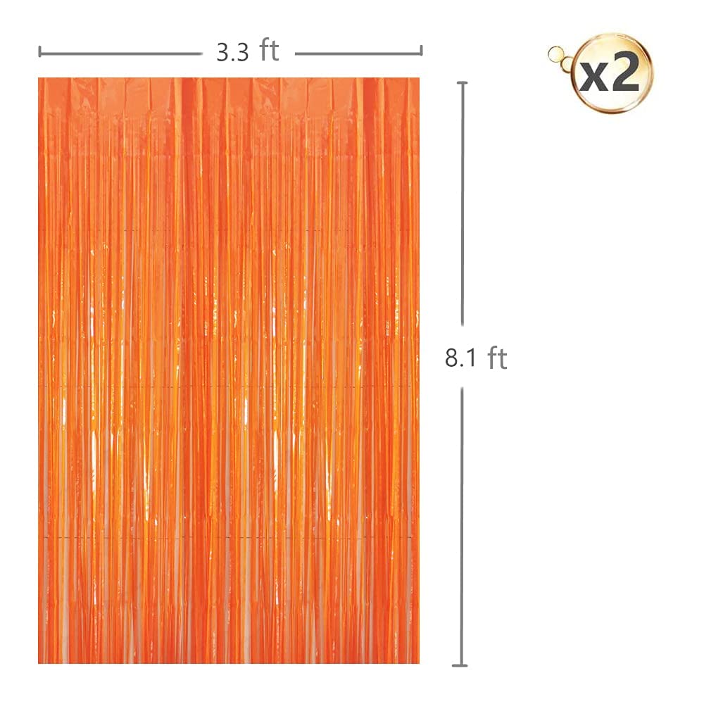 Orange Foil Fringe Curtain Tinsel Party Backdrop for Halloween Party Decorations Fall Thanksgiving Decorations Birthday Wedding Engagement Bridal Baby Shower Bachelorette Photo Booth Props - 2 Packs