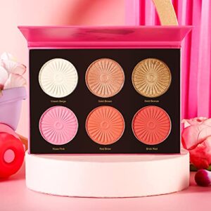 Blush Highlighter Palette, DE’LANCI 6 Color Blushes Highlighter Bronzer Makeup Palette, Natural Matte Shimmer Face Blush Illuminator Pallet, Cheek Blushing Pressed Powder Pallet for Dark Skin Black Women