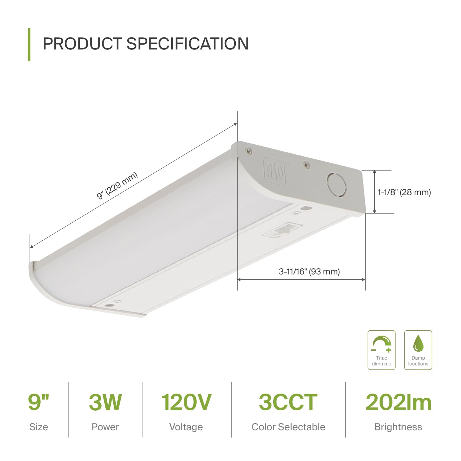 ASD LED Under Cabinet Lighting, 9 inch 3W 202 LM, Dimmable Hardwired Under Cabinet Lights for Kitchen, 3000K Soft/4000K Cool/5000K Daylight, Under Counter Light Fixtures, ETL Energy Star White Finish