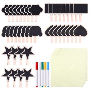 wokape 50pcs 5 styles retangle chalkboard with wooden clip tag signs with liquid chalk markers assortment kit, chalkboards blackboard for weddings, table numbers, favor tag and event decorations