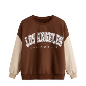 SOLY HUX Girl's Letter Print Sweatshirt Casual Long Sleeve Drop Shoulder Pullover Tops T Shirt Coffee Brown 11-12Y