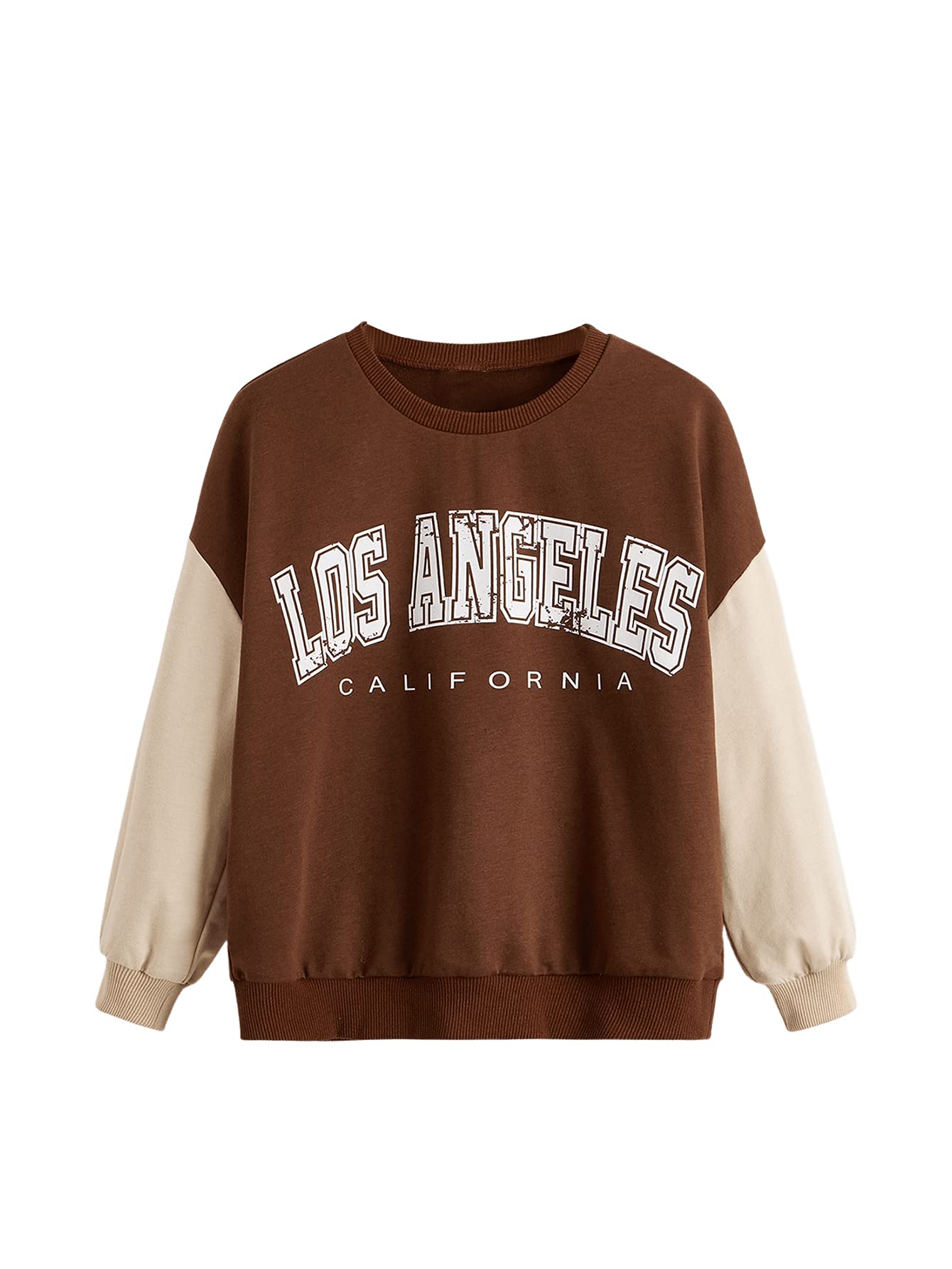 SOLY HUX Girl's Letter Print Sweatshirt Casual Long Sleeve Drop Shoulder Pullover Tops T Shirt Coffee Brown 11-12Y