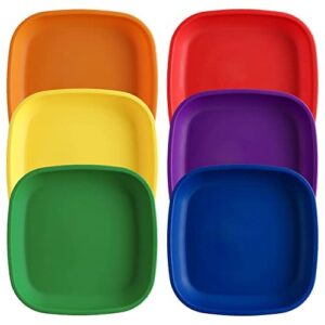 re-play made in usa 22 oz. reusable flat plates for baby & toddler feeding - dishwasher and microwave safe durable flat plates, set of 6, 7.37" x 7.37" x 1.25", crayon box