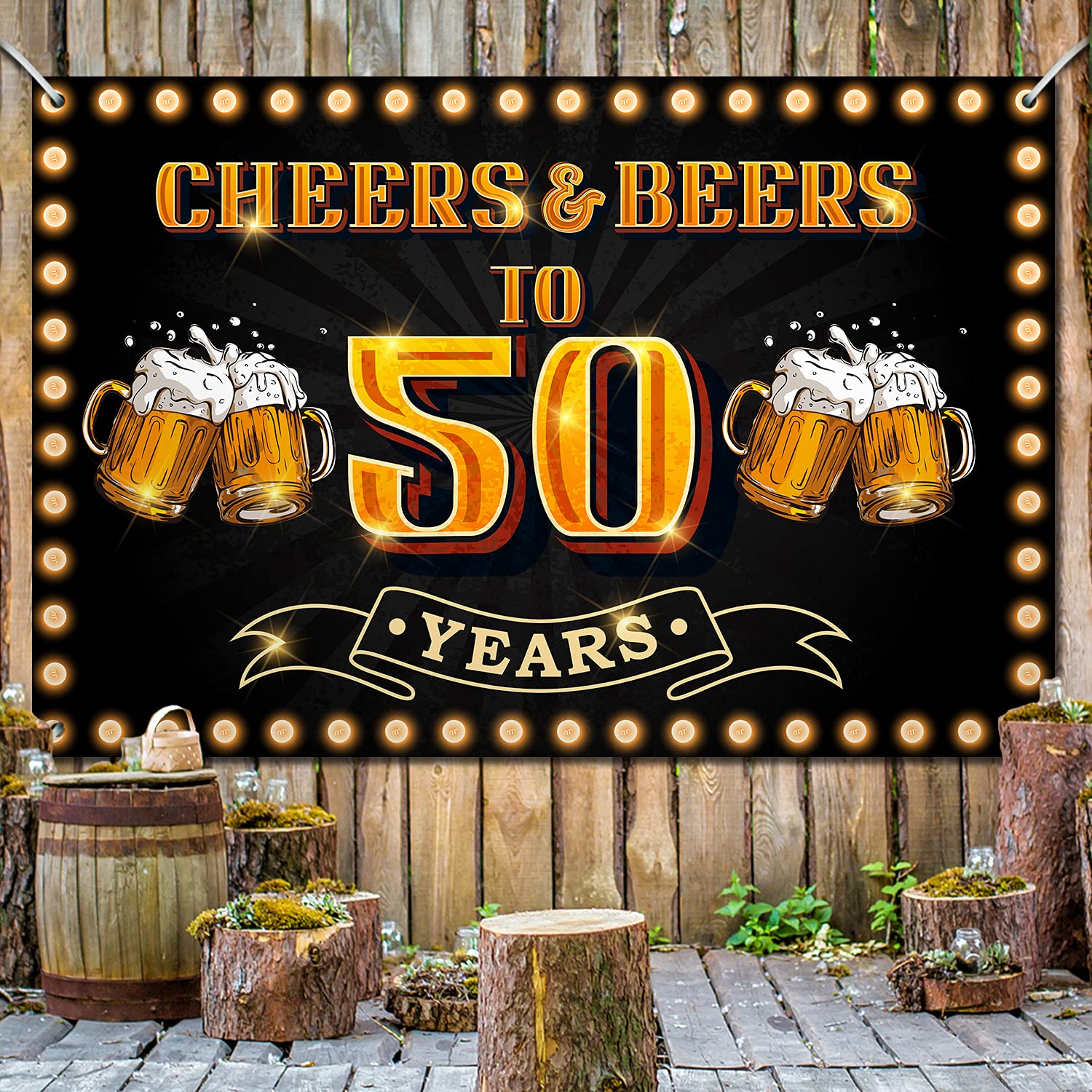 Cheers and Beers to 50 Years Banner Backdrop Happy 50th Birthday Background for Men Women Photography Bday Anniversary Party Sign Decorations Supplies Black and Gold