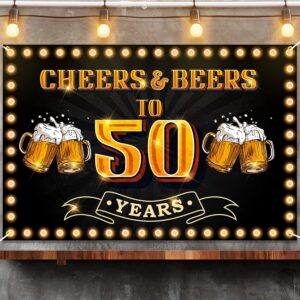 Cheers and Beers to 50 Years Banner Backdrop Happy 50th Birthday Background for Men Women Photography Bday Anniversary Party Sign Decorations Supplies Black and Gold