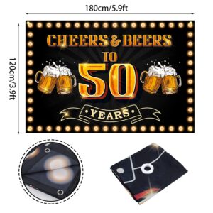 Cheers and Beers to 50 Years Banner Backdrop Happy 50th Birthday Background for Men Women Photography Bday Anniversary Party Sign Decorations Supplies Black and Gold