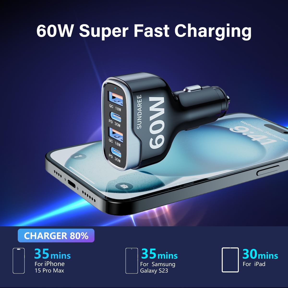 SUNDAREE Super Fast Car Charger, 60W USB Car Charger Multiport, USB C Cigarette Charger Compatible with iPhone 15 Pro Max Plus/14/13/12/11/X iPad Air/Mini 3 Samsung Note 9/S10/S9 and More